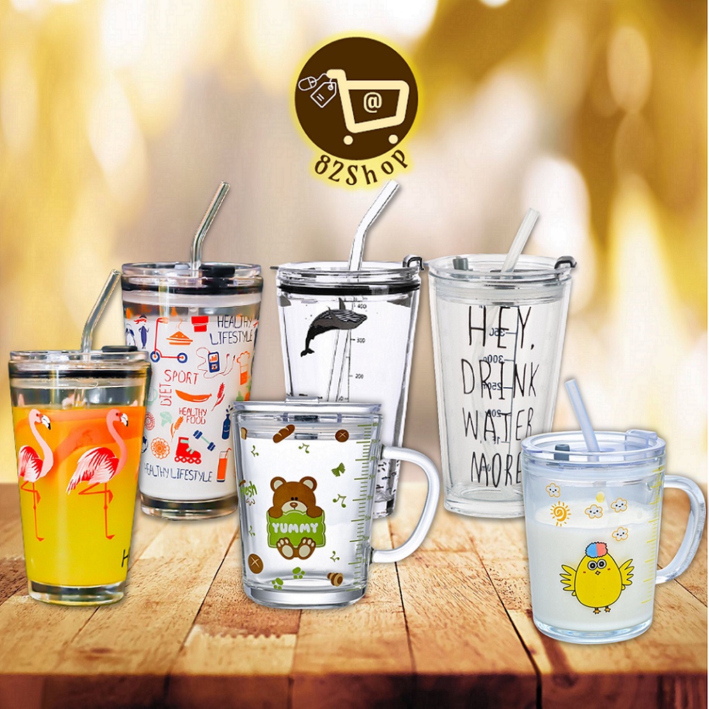 Cute Cartoon Glass Cup with Straw & Lid Cold Drink Kid Children ...