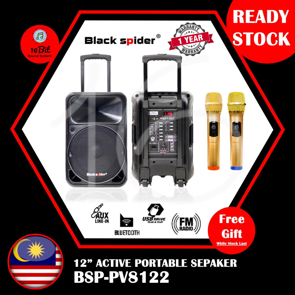 Black Spider Portable Speaker 12" Active with 2 UHF Wireless Microphone ...