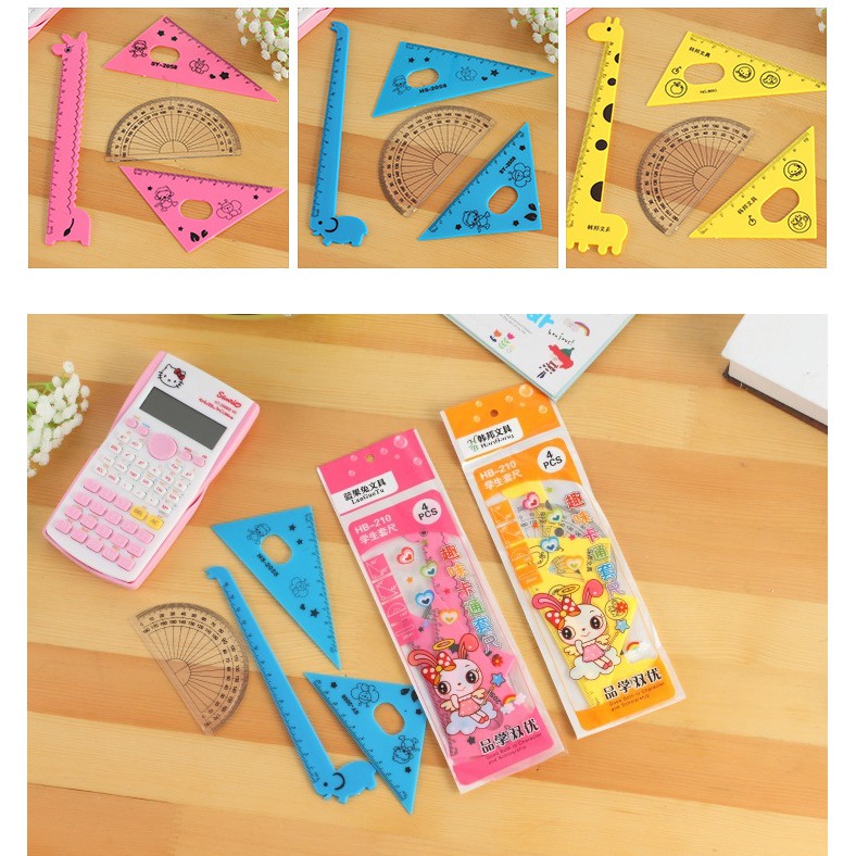 4Pcs/Set Giraffe Cartoon School Geometry Set Triangle Ruler Stationery ...