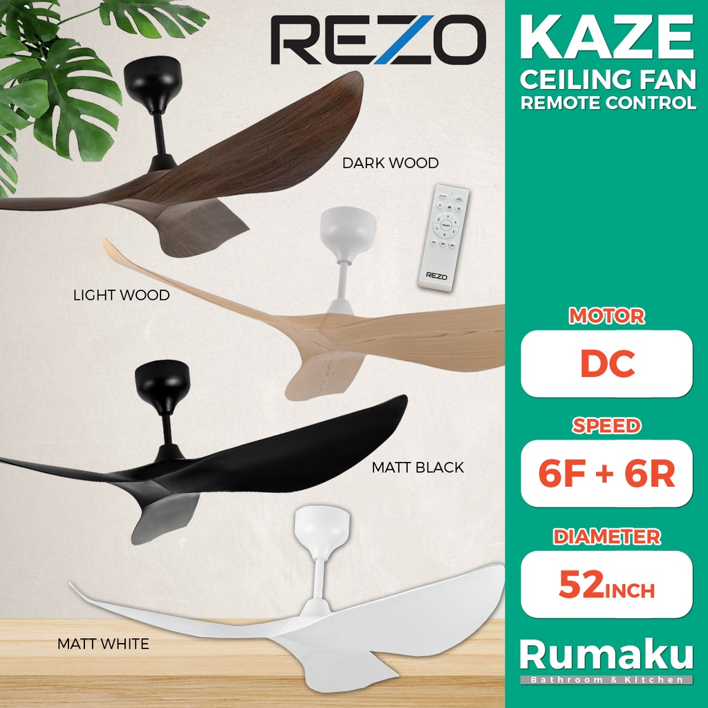 REZO KAZE 52/3B Ceiling Fan Remote Control DC Motor 6F + 6R Speed 3 ABS ...