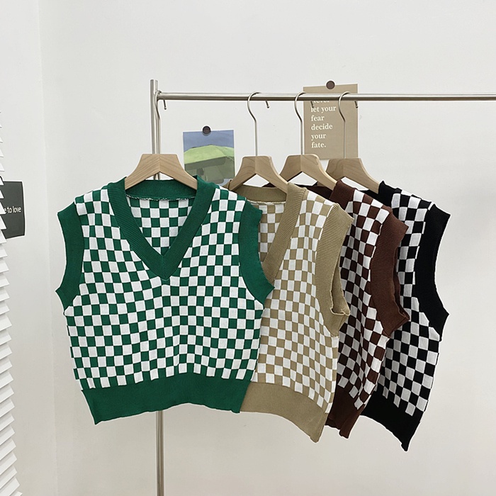Women Cotton Checkered Knit Vest V-Neck Sleeveless Style Fashion ...