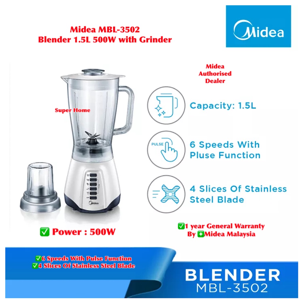 Midea Blender MBL-3502 (500W) 1.5L Plastic Jar + Grinder | Shopee Malaysia