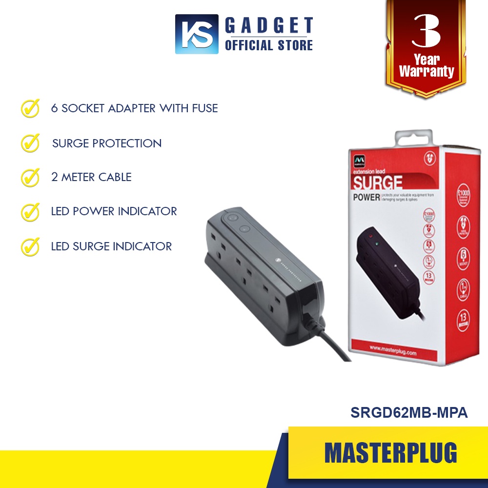 MASTERPLUG SURGE POWER 6 SOCKET WITH 2 METER CABLE COMPACT EXTENSION ...