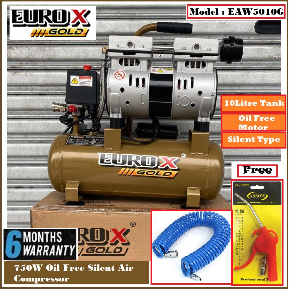 Eurox 750Watt/1HP 10Liter Silent Oil Less/Free Air Compressor EAW5010G - Gold Series - Free Air ...