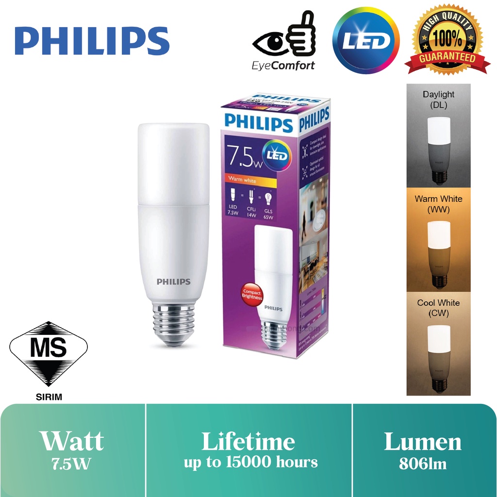 PHILIPS LED STICK BULB 7.5W E27 (COOL DAYLIGHT/ WARM WHITE) | Shopee ...