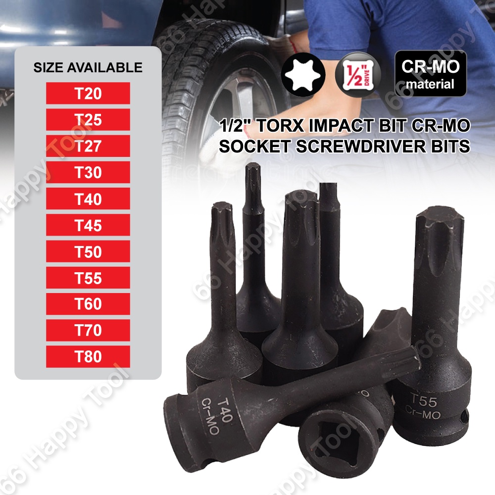  1pc 1 2 Torx Impact Bit CR MO Socket Screwdriver Bits T20 T80 80mm