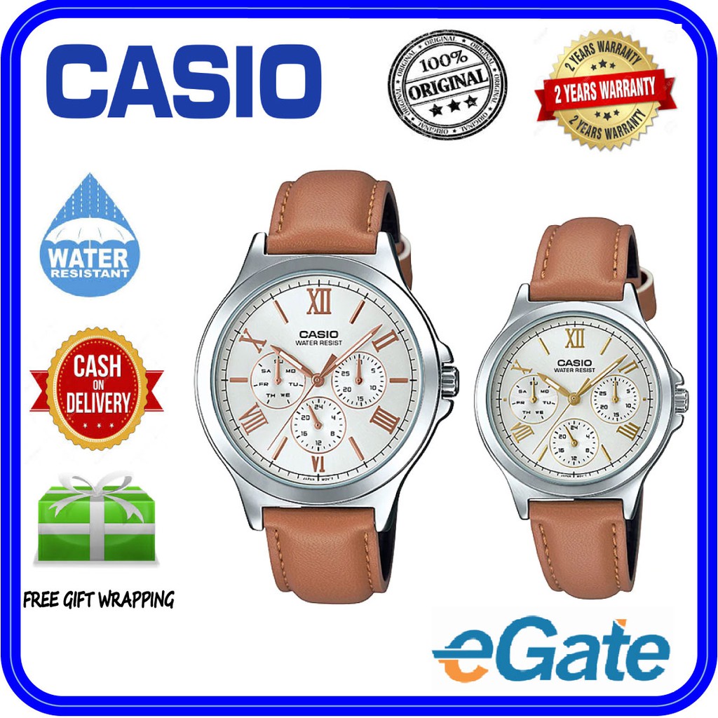 Casio MTP-V300L-7A2 & LTP-V300L-7A2 Couple Analog Date Day Indicator Brown Leather Band Casual ...
