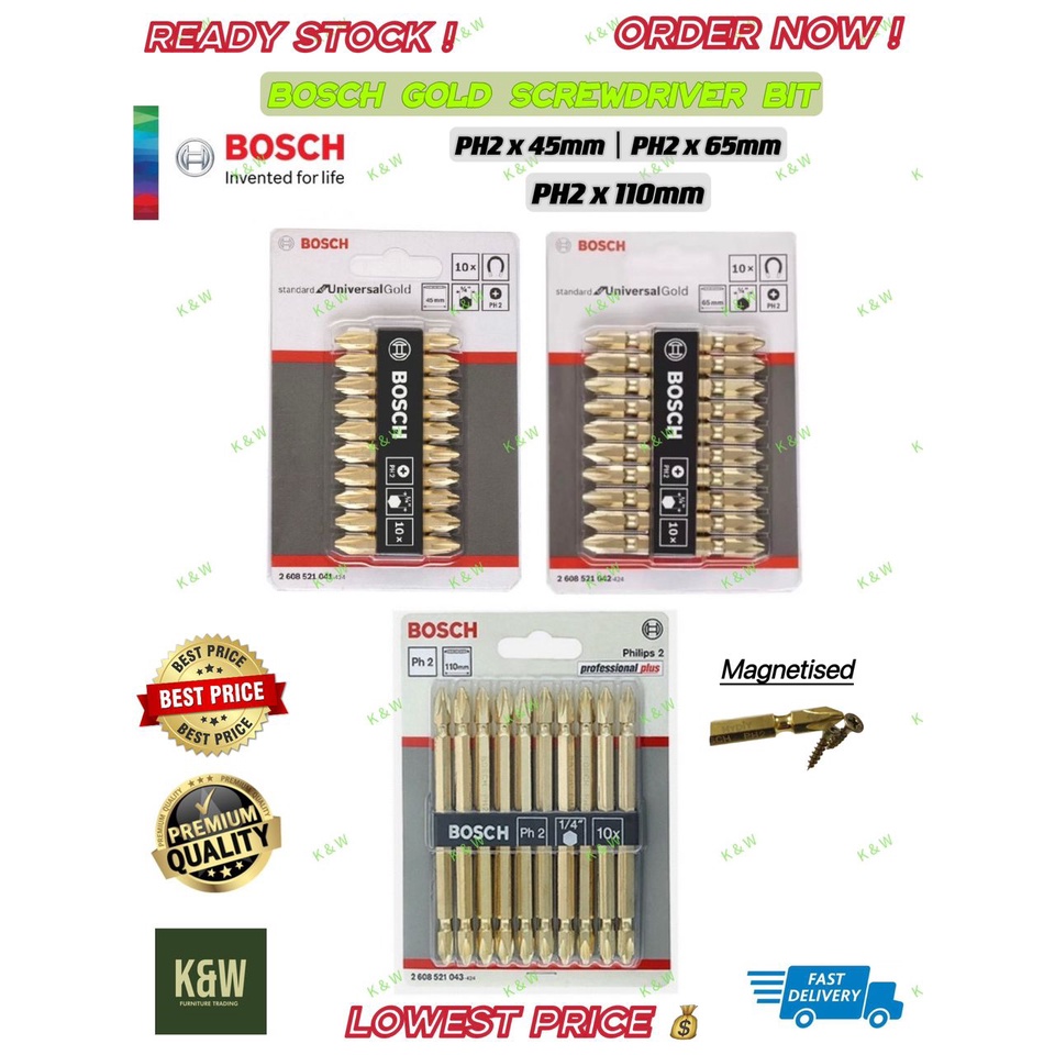READY STOCK!!! BOSCH GOLD MAGNETIC SCREWDRIVER BITS PH2 45MM / 65MM / 110MM | Shopee Malaysia