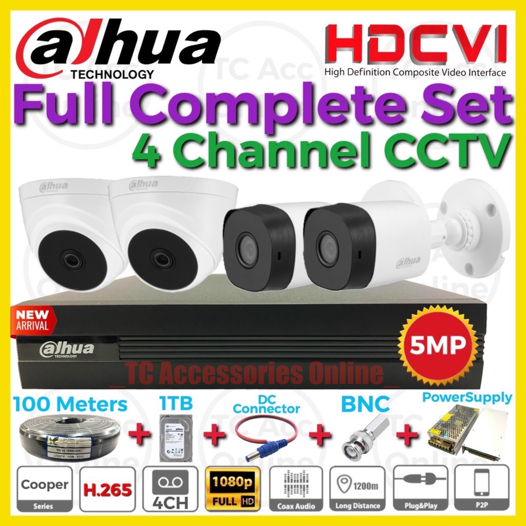 DAHUA 5MP Full Set DIY 🌟4-CHANNEL🌟 Full HD 1080P CCTV 4CH DVR + Camera ...