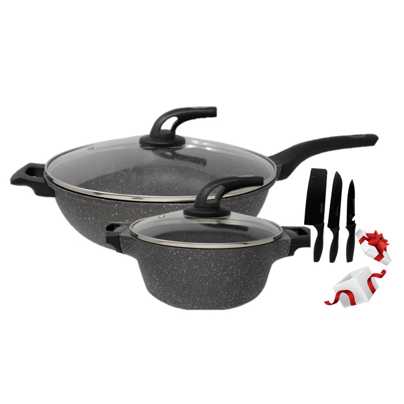 IGOZO Premium Granite 32cm wok & 20cm Casserole set with glass rid ...