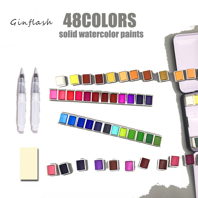 Ginflash 48colors Solid Pigment Watercolor Paints Set With Water Color ...