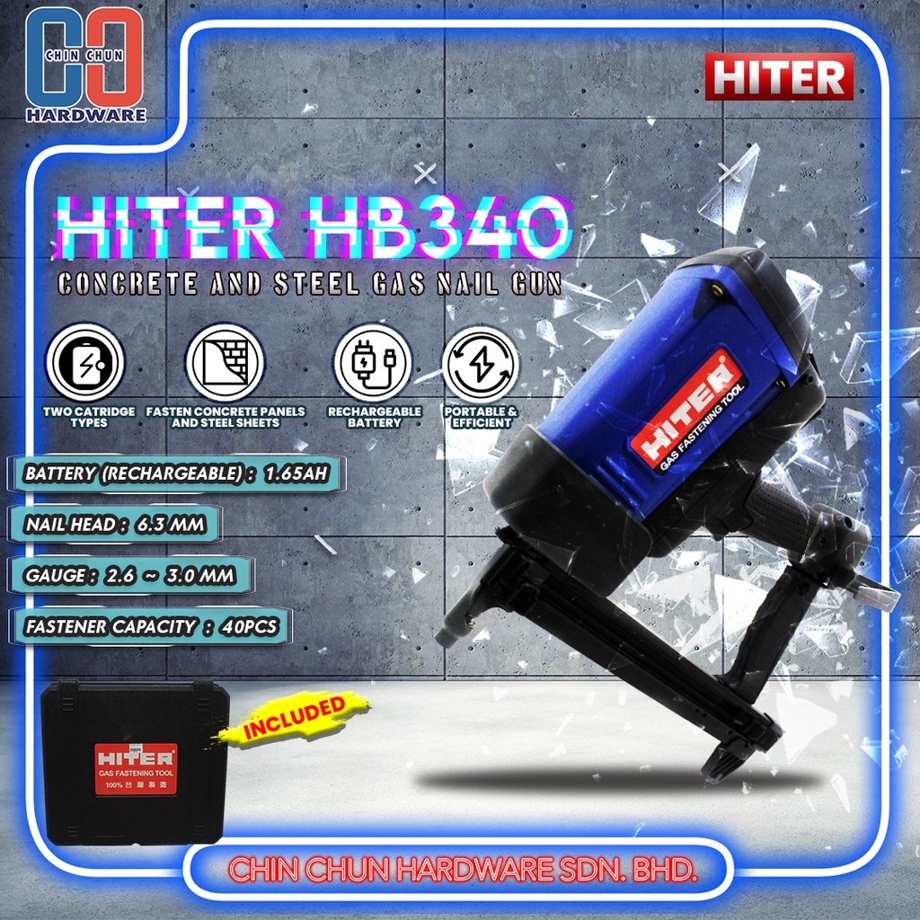 HITER HB340 CONCRETE AND STEEL GAS NAIL GUN/GAS FASTENING TOOL/STAPLE ...