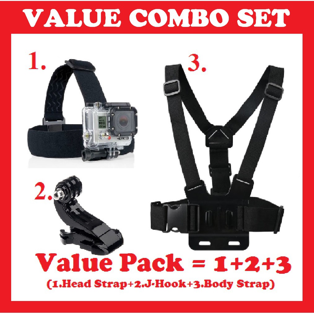 Head Strap+Chest Strap+J-Hook Mount Bundle Set for all Action Camera ...