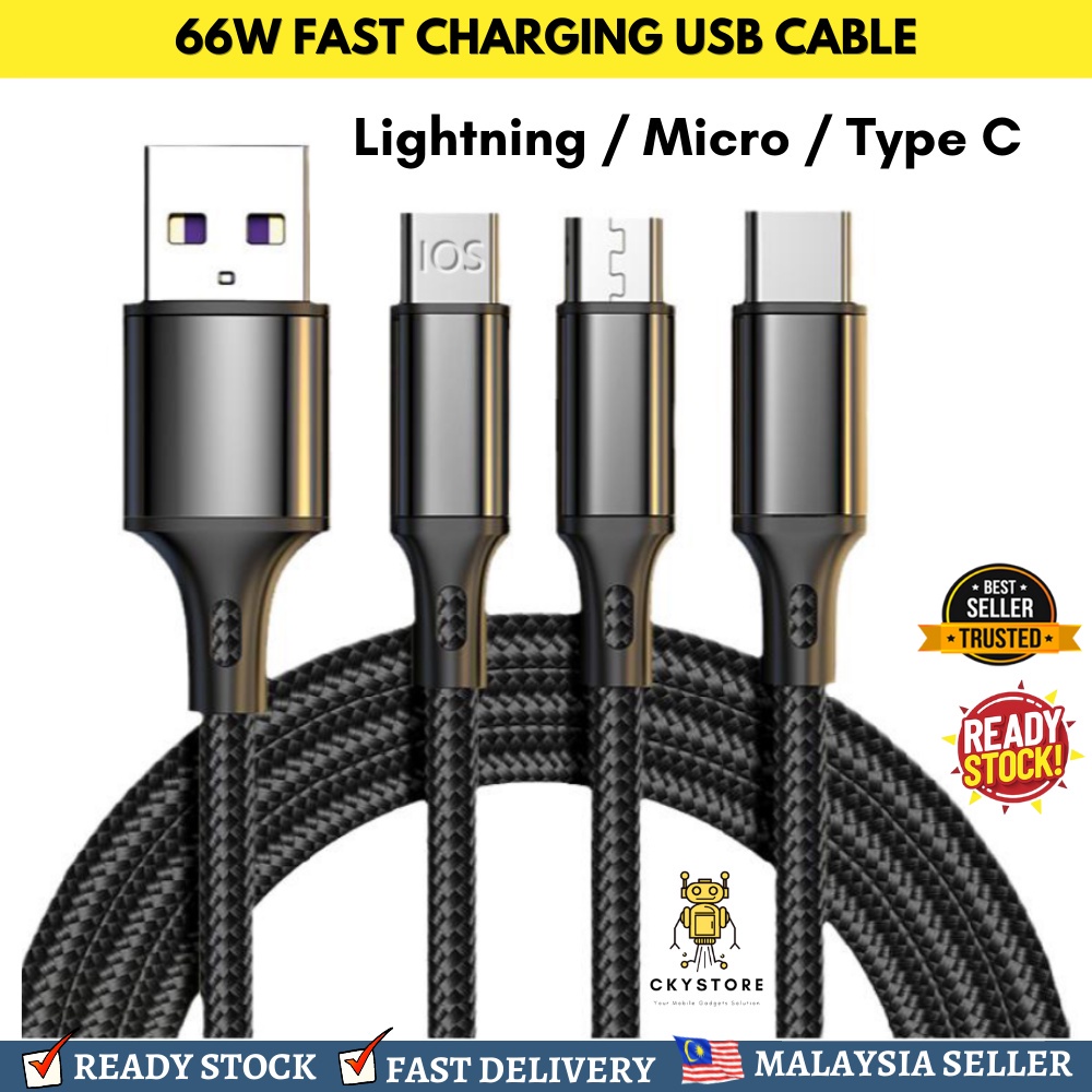 66W PROMOTION CKY 1.2m 2meter 3 in 1 Super Fast Charging Micro ...