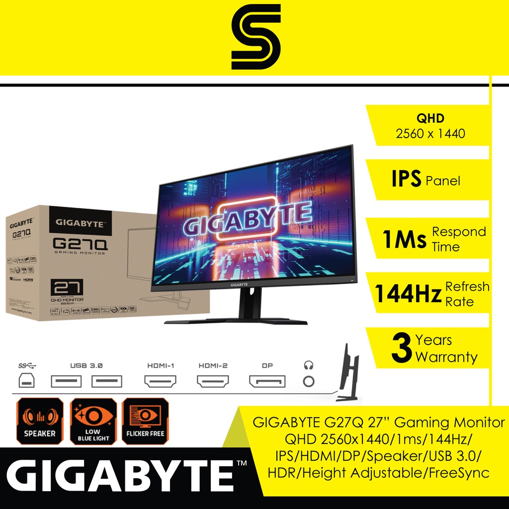 Gigabyte G27Q 27” Gaming Monitor-QHD2560x1440/1Ms/IPS/144Hz/HDMI/DP/USB ...