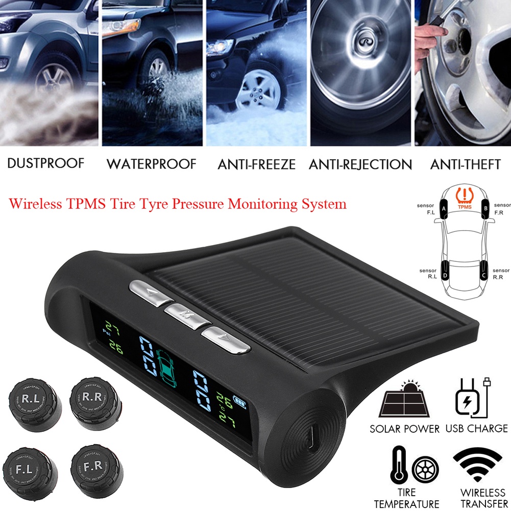 TPMS Car Tire Pressure Monitor System Solar Wireless LED Display Screen ...