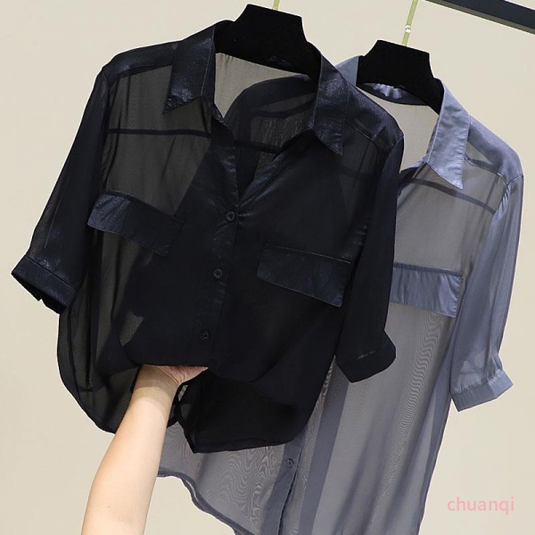 Loose Short Sleeved Chiffon Shirt Womens Summer Sexy Slightly
