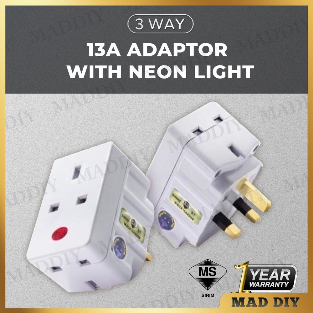 3 WAY ADAPTOR 3 PIN UK PLUG MULTIPLE SOCKET ADAPTOR WITH NEON LIGHT ...