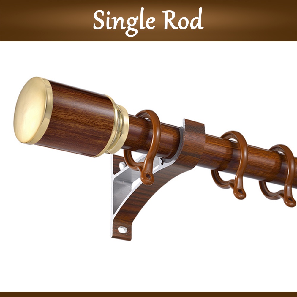 [FULL SET] Borong365 Single / Double Wood Design Aluminum Curtain Rod ...