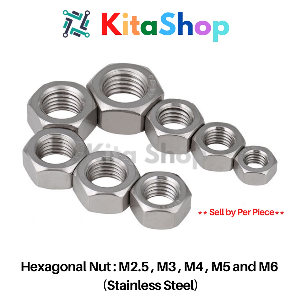 Hexagonal Nut : M2.5 , M3 , M4 , M5 and M6 (Stainless Steel) | Shopee ...