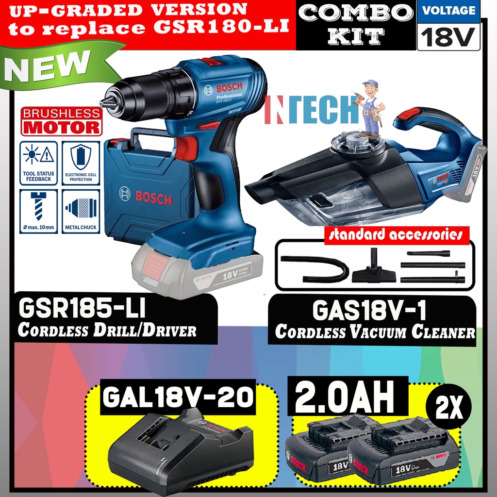BOSCH GSR185-LI + GAS18V-1 (BM) CORDLESS DRILL/DRIVER C/W CORDLESS ...