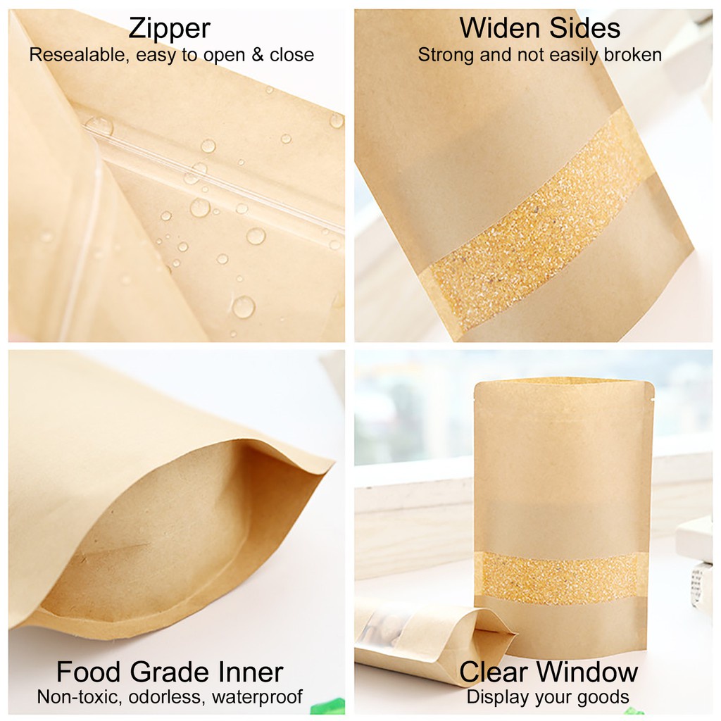 🔝 50pcs New READY STOCK ZIPLOCK Kraft WINDOW PAPER BAG FOOD PACKAGING ...