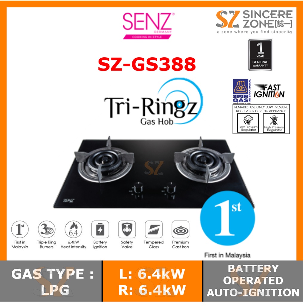 SENZ SZ-GS388 TRI-RINGZ 2-BURNER / BUILT IN GLASS HOB / 6.4kW / SAFETY ...