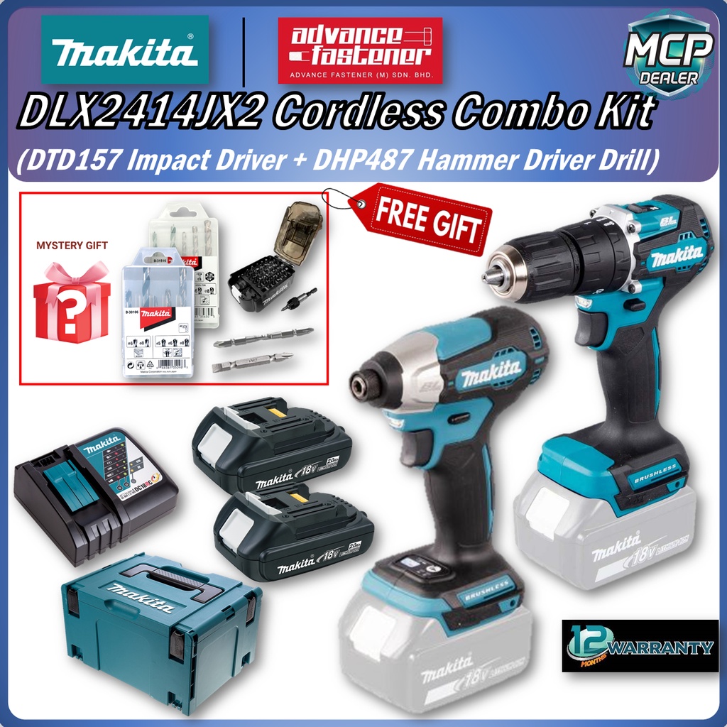 MAKITA DLX2414JX2 18V Cordless Combo Kit ( DTD157 Impact Driver/ DHP487 Hammer Driver Drill ...