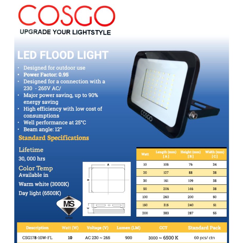 COSGO 10W LED FLOOD LIGHT (3000k/6500k) | Shopee Malaysia