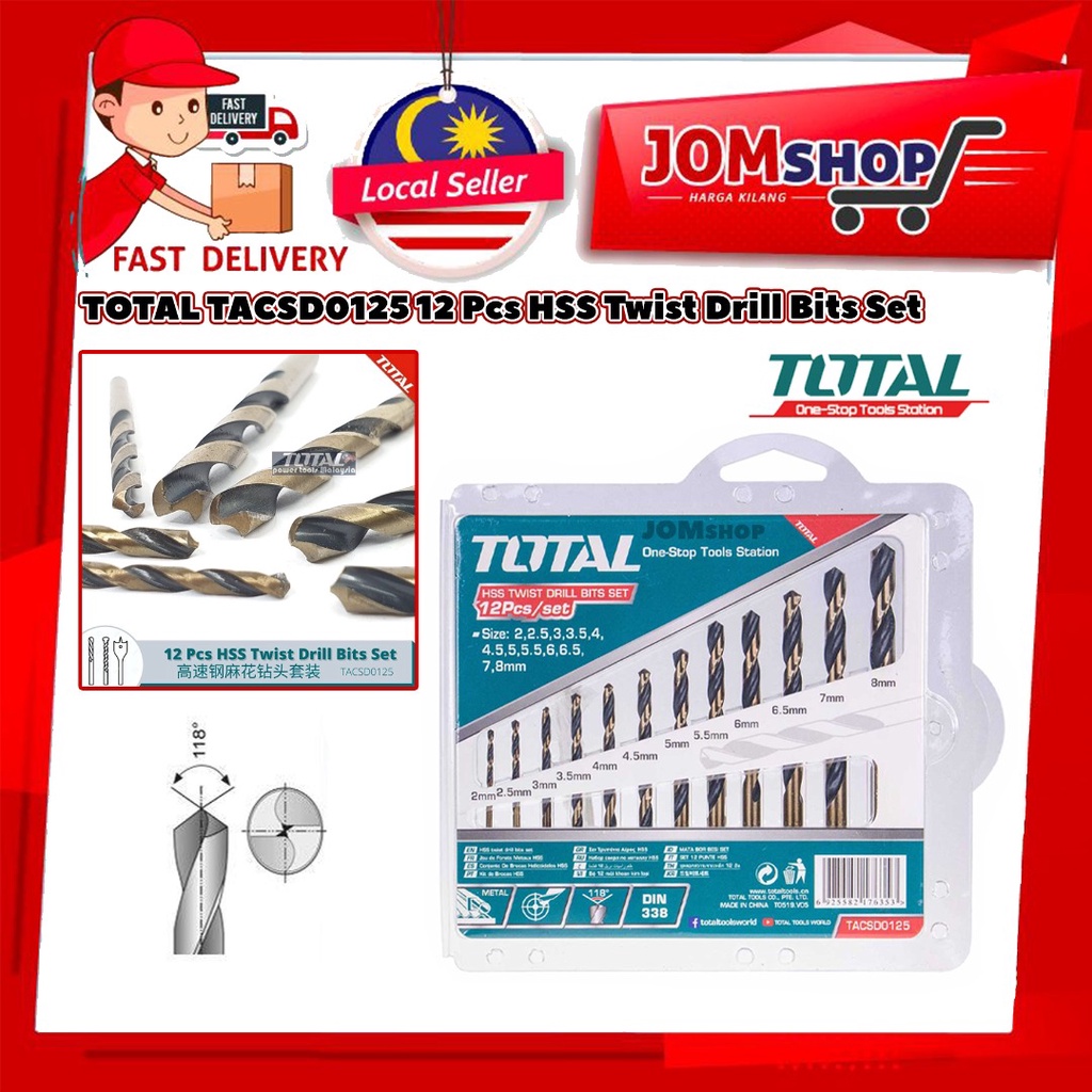 TOTAL 12Pcs Metal HSS twist drill bits set - TACSD0125 Mata Drill Besi ...