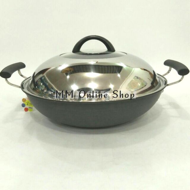 (Ready Stock) 42cm Double Handle Wok With Cover / Deep Frying Wok ...