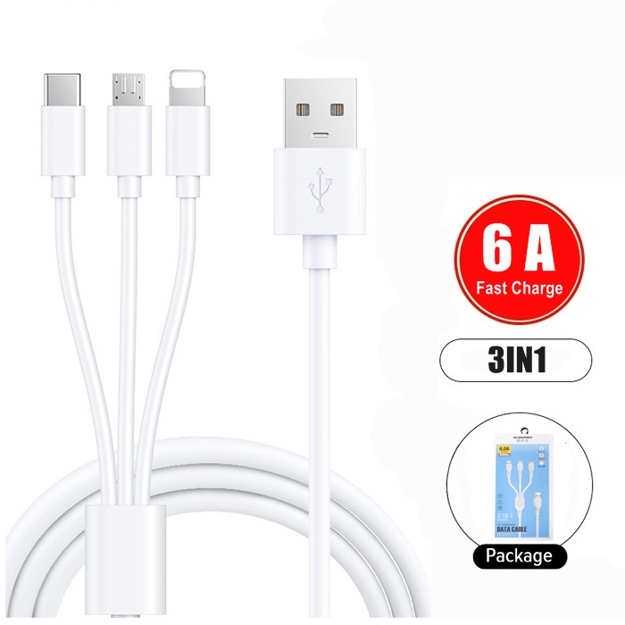 6A 3in1 Fast Charge Data Transfer Cable For Micro Usb,Type-C,Apple ...