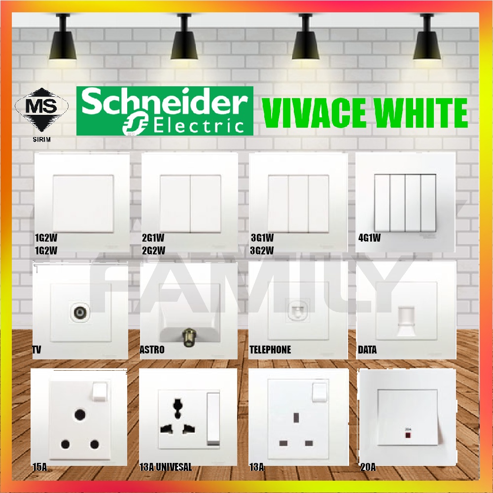 Schneider vivace white 13a switch socket 3 Pin 1G/2G/3G/4G/20A FAMILY ...
