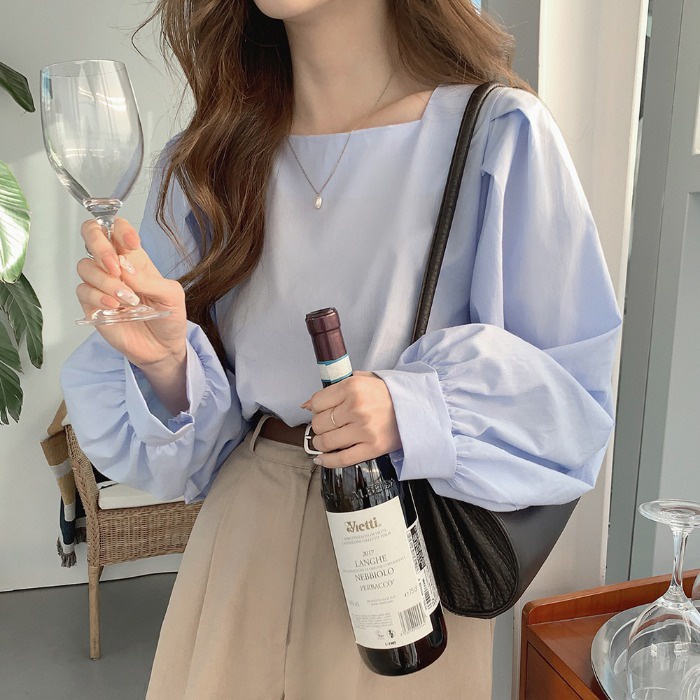 【ready Stock】korean Style Women Loose Square Neck Lantern Long Sleeve