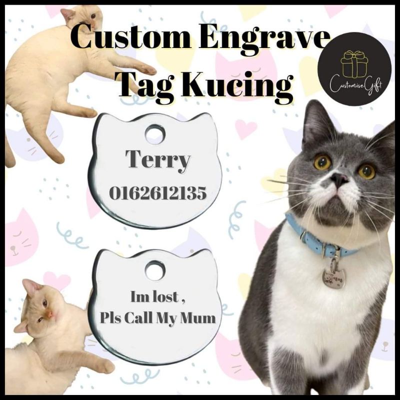 Custom Engrave Tag Kucing Dog Cat Name Tag Pendant Loket Ukir Pet ID ...
