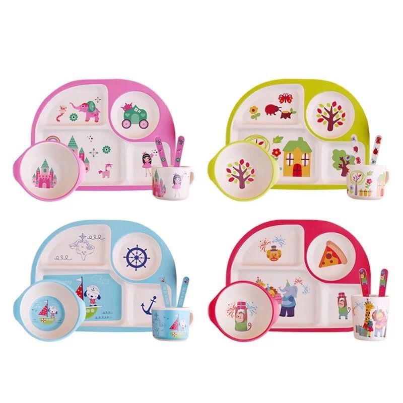 Children Bamboo Fiber Dinnerware Set with Bowl Fork Cup Spoon Plate (5 ...