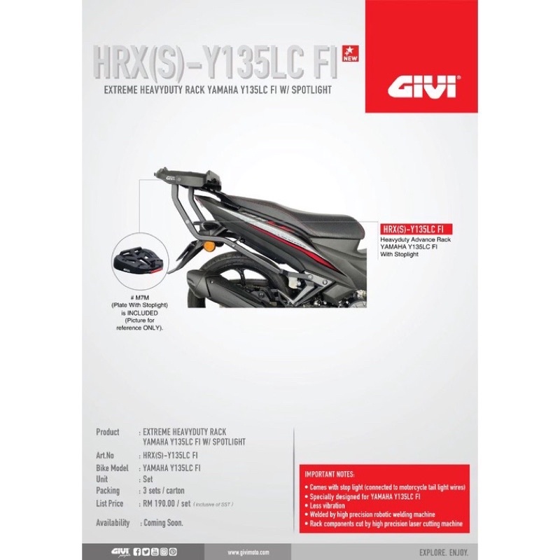 MONORACK GIVI YAMAHA LC135 NEW V8 FI 135LC V8 FUEL INJECTION 100% ORIGINAL GIVI HEAVY DUTY ...