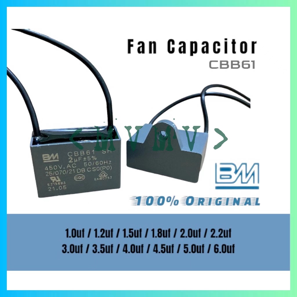 Fan Capacitor BM CBB61 450V Kapasitor Kipas Ceiling Stand 1.0uf 1.2uf 1.5uf 1.8uf 2uf 2.2uf 2 ...