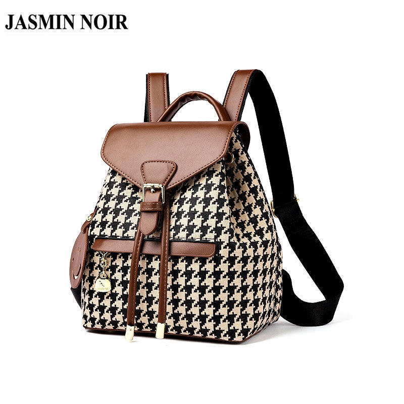 JASMIN NOIR Houndstooth Printing Women's Backpack Simple Drawstring Drawstring School Bag Travel ...