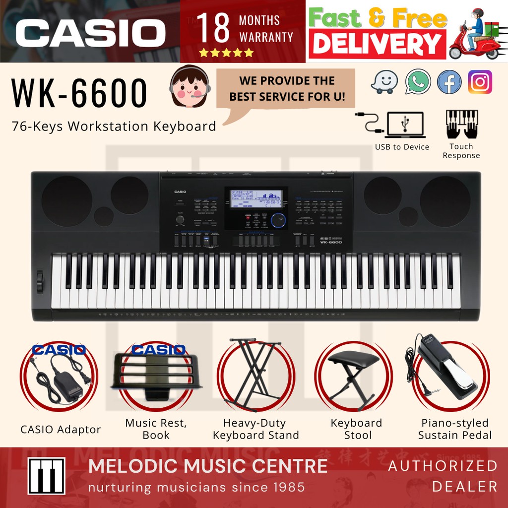 Casio WK-6600 76-Keys Workstation Electronic Keyboard with Stand, Bench ...