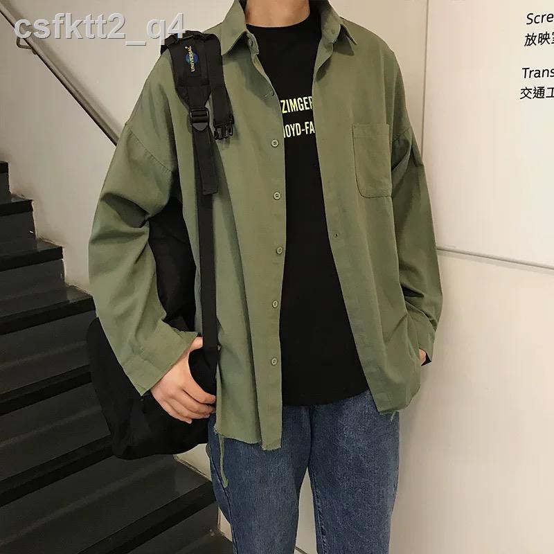 ♧ins retro shirt male long-sleeved student Korean style trendy loose ...