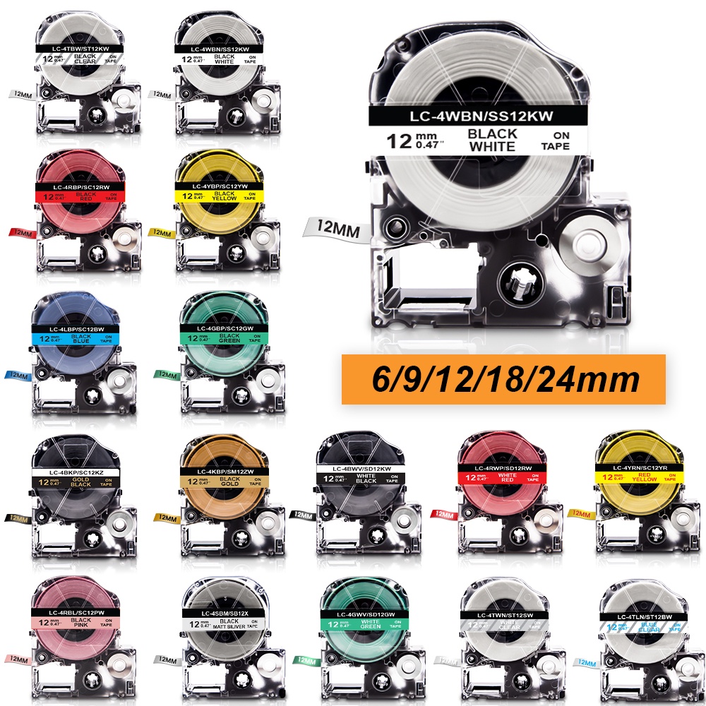 [6/9/12/18/24mm] Compatible LC-4WBN9 SS12KW Label Tape Cassette 12mm ...