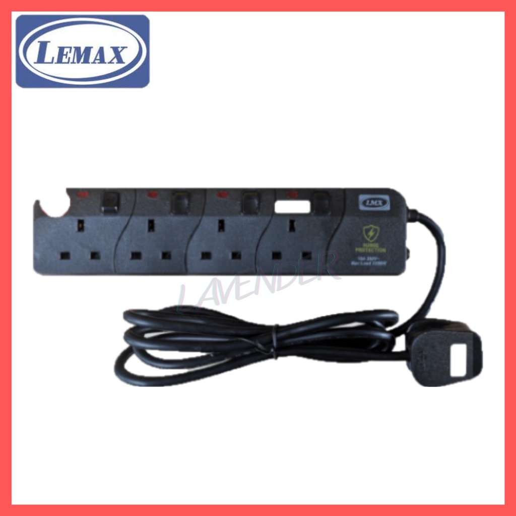[sirim] Lemax Extension Socket 3 4 5 Gang Surge Protection 2m Black White Extension Wire