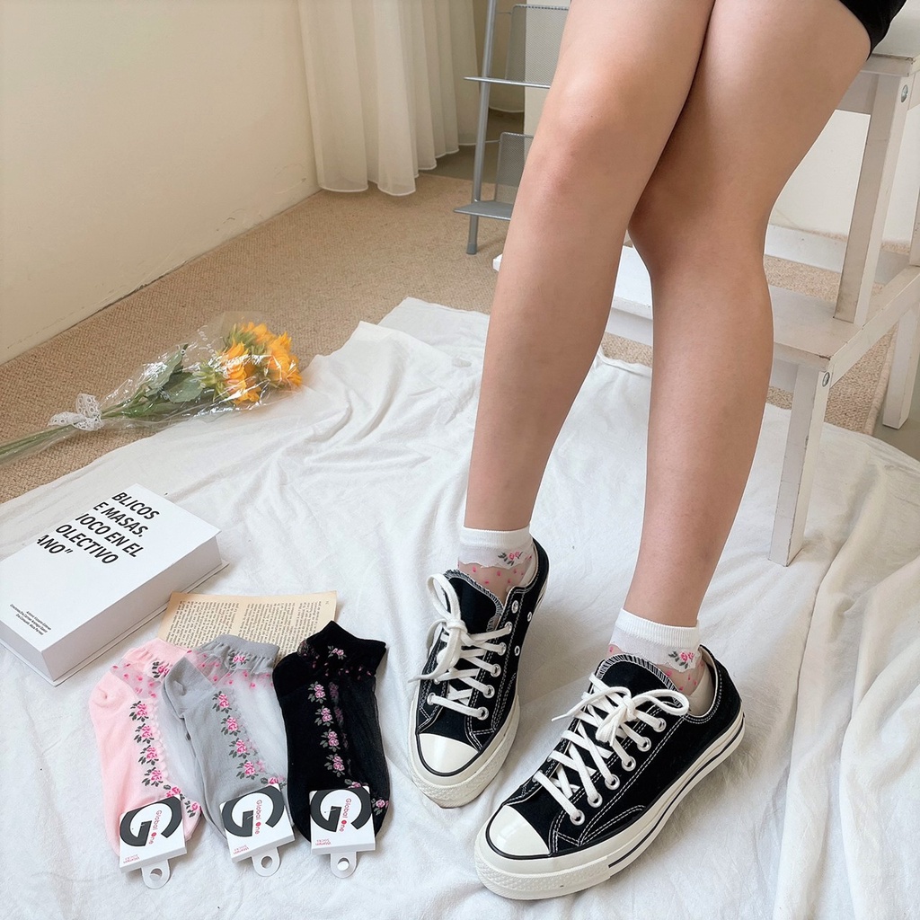 Anyshop Korean Socks Transparent Skin Mid-Top Floral Made In Korea ...