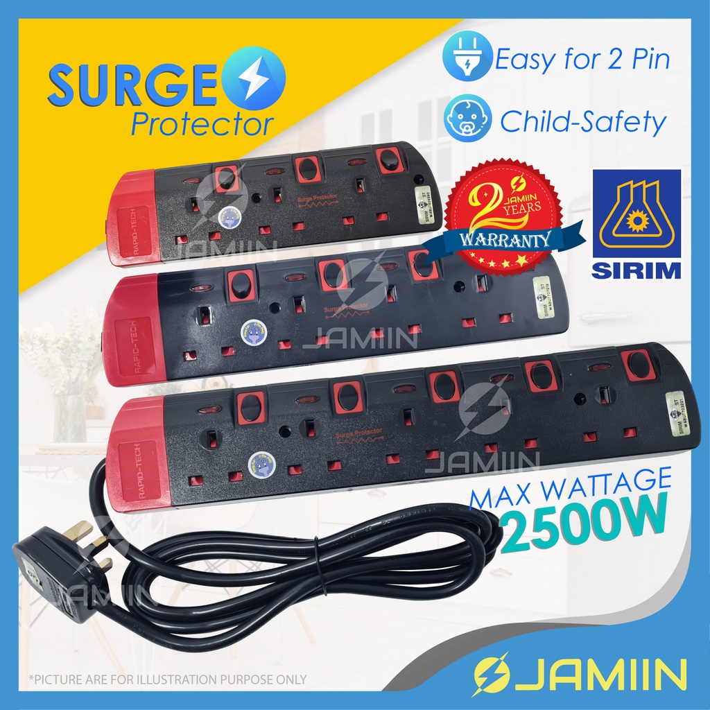 [sirim] Black Series 3 4 5 Way Surge Protector Sleek Black Portable Extension Trailing Socket