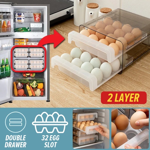 Feeton_homeware 2 LAYER 32 Eggs Kitchen Refrigerator Egg Drawer / Rak Penyimpanan Telur Dua ...