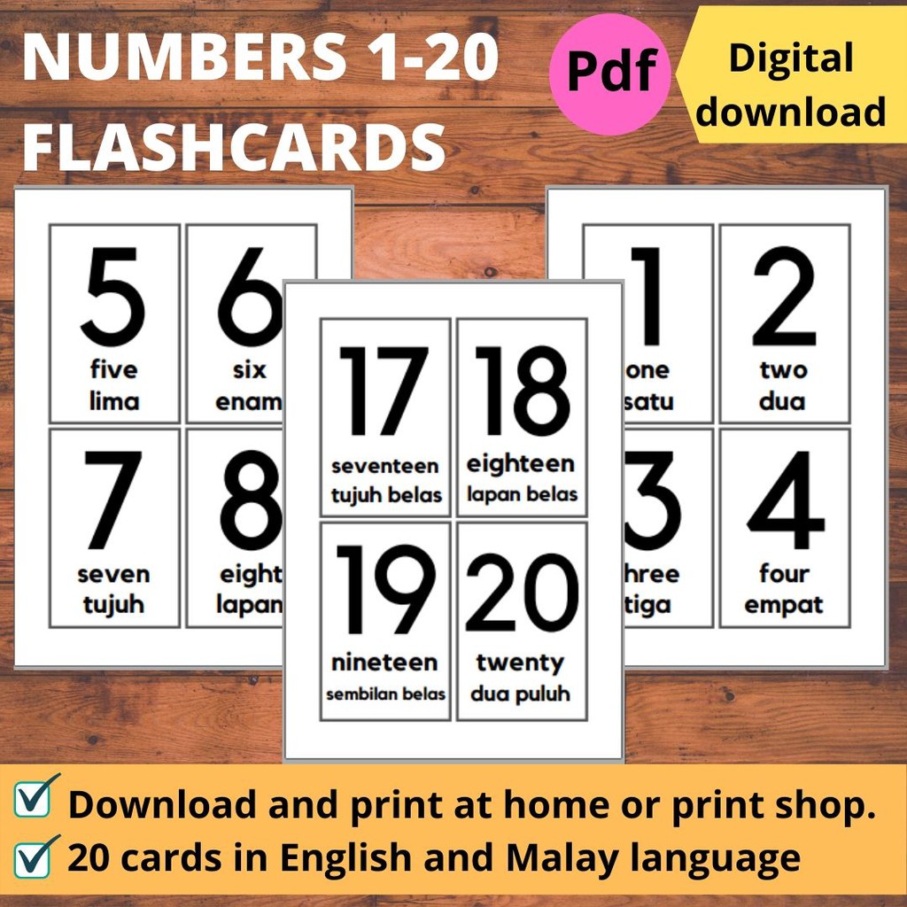Printables 1-20 Numbers Nombor 123 Flashcard in English and Malay ...