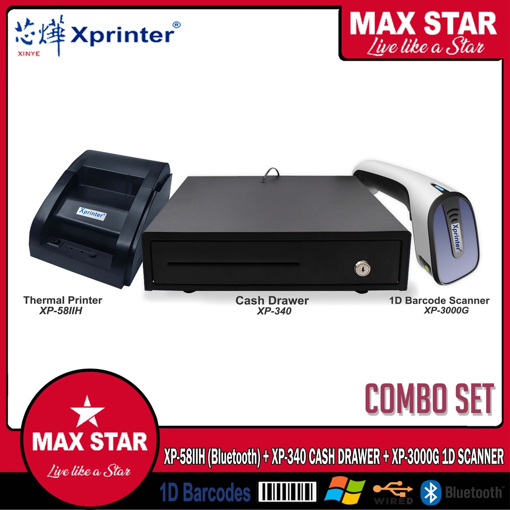 Xprinter New Combo Set XP-58IIH (usb+bluetooth) + XP- 340 Cash Drawer + XP-3000G 1D Barcode ...