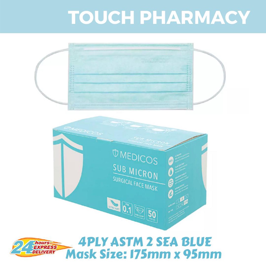MEDICOS 4PLY ASTM 2 Ultra Soft Sub Micron Surgical Face Mask 50's (LUMI ...