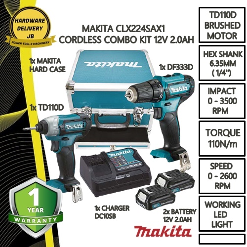 MAKITA CLX224SAX1 CORDLESS CORDLESS COMBO KIT 12V 2.0AH (DF333D DRIVER DRILL / TD110D IMPACT ...